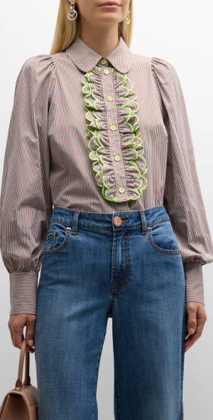 Maison Common - Striped Puff-Sleeve Detachable-Ruffle Cotton Blouse