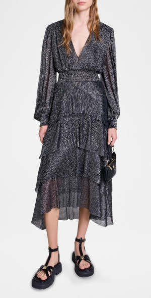 Maje - Ruffinitya Metallic Tiered Ruffle Midi Dress