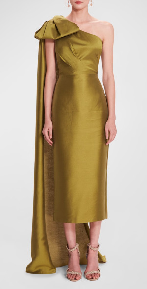 Marchesa Notte - One-Shoulder Draped Column Midi Dress