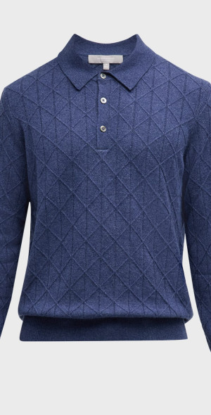 Neiman Marcus - Men's Cashmere Ribbed Diamond Stitch Overlay Polo