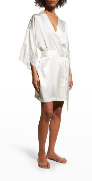 Neiman Marcus - Short Lace-Trim Silk Robe