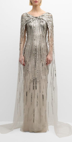 Pamella Roland - Silver Sequined Gown with Sheer Cape
