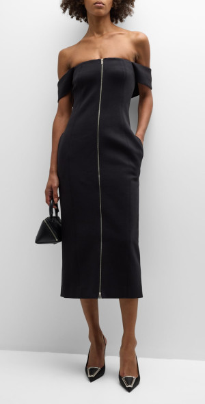 RECTO - Blanche Off-The-Shoulder Zip-Front Midi Dress