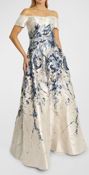 Rene Ruiz Collection - Off-Shoulder Metallic Jacquard Gown