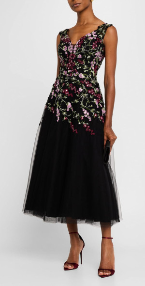 Rickie Freeman for Teri Jon - Sequin Embroidered Tulle Midi Dress