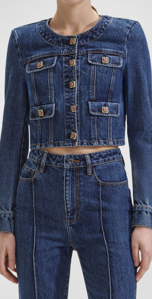 Self-Portrait - Button-Front Cropped Denim Jacket