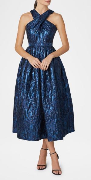 Shoshanna - Pleated Crossover Metallic Jacquard Midi Dress