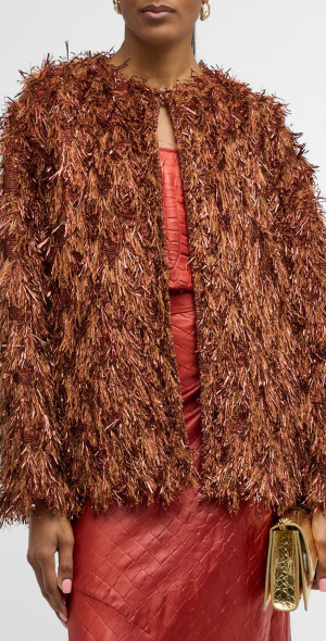 St. John - Metallic Sequin Faux-Fur Fringe Knit Jacket