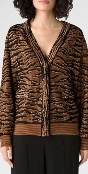 St. John - Metallic Tiger Sequin Jacquard Knit V-Neck Cardigan