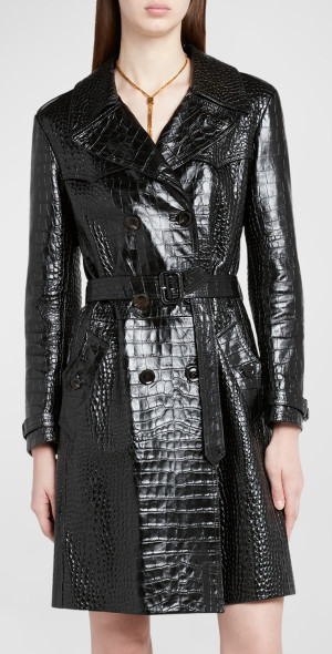 TOM FORD - Croco Embossed Belted Leather Trench Coat