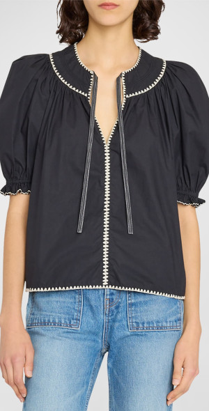 Ulla Johnson - Ruby Embroidered Poplin Split-Neck Puff-Sleeve Top