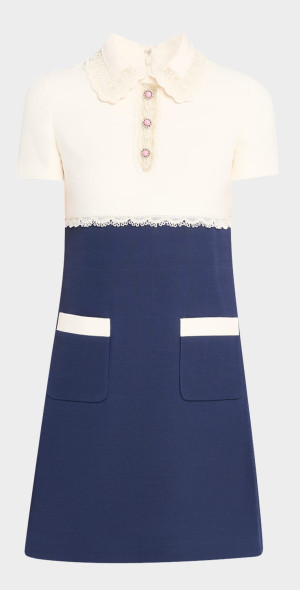 Valentino Garavani - Crystal Lace Short-Sleeve Crepe Mini Polo Dress