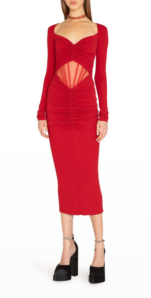 Versace - Ruched Corset Mesh-Inset Midi Dress