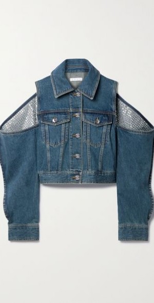 AREA - Cutout crystal-embellished denim jacket