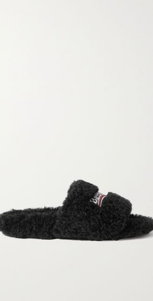 BALENCIAGA - Furry logo-embroidered faux shearling slides