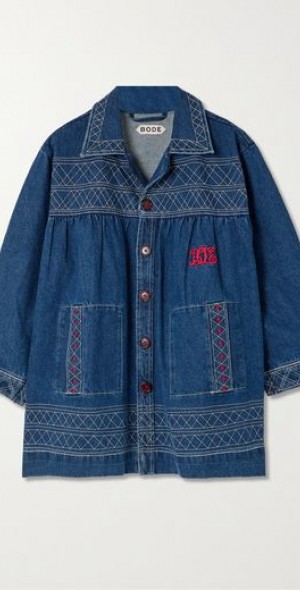 BODE - Quincy gathered embroidered denim jacket