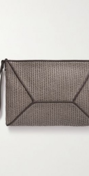 BRUNELLO CUCINELLI - Leather-trimmed raffia clutch