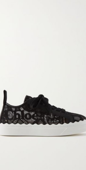 CHLOÉ - Lauren scalloped logo-detailed lace and leather sneakers