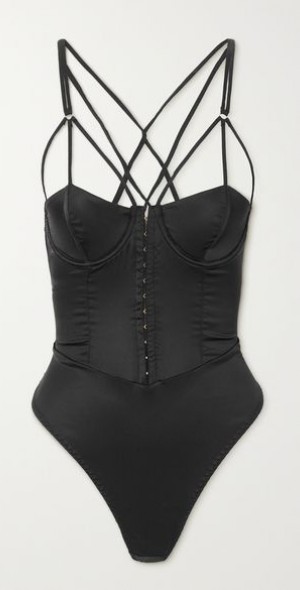 COCO DE MER - Sylph cutout silk-blend satin underwired thong bodysuit