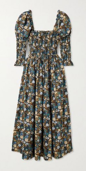 DÔEN - Bijou shirred floral-print organic cotton-voile midi dress
