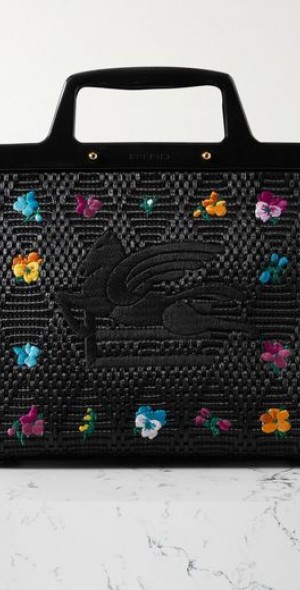 ETRO - Love Trotter leather-trimmed embroidered raffia tote