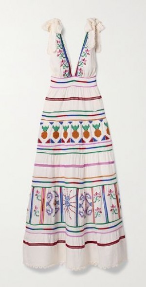 FARM RIO - Embroidered tiered linen-blend maxi dress