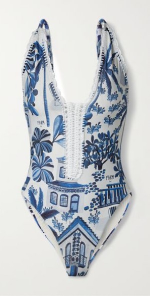 FARM RIO - Rio crochet-trimmed printed swimsuit