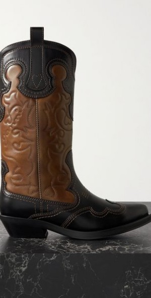 GANNI - Embroidered two-tone leather cowboy boots