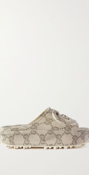 GUCCI - Embossed logo-jacquard coated-canvas platform slides