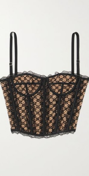 GUCCI - Lace-trimmed embroidered cotton-blend tulle and satin bustier top
