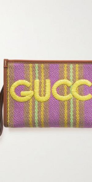 GUCCI - Leather-trimmed embroidered raffia pouch