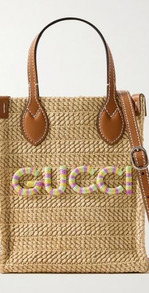 GUCCI - Mini leather-trimmed appliquéd raffia tote