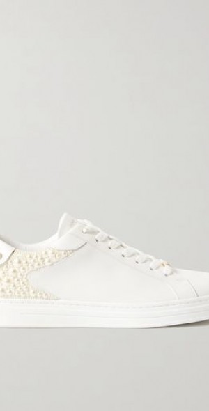 JIMMY CHOO - Rome faux pearl-embellished canvas and leather sneakers
