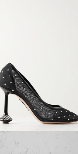 LOEWE - Toy leather-trimmed crystal-embellished mesh pumps