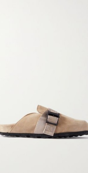 OFF-WHITE - Webbing-trimmed suede slip-on clogs