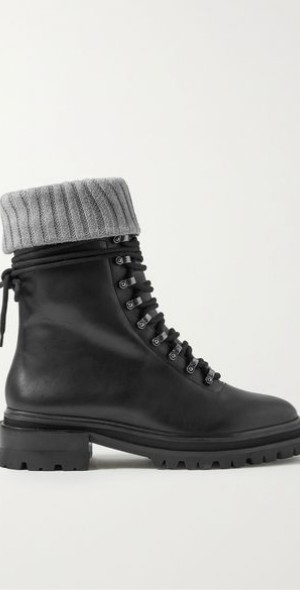 PORTE & PAIRE - Ribbed-knit trimmed leather combat boots