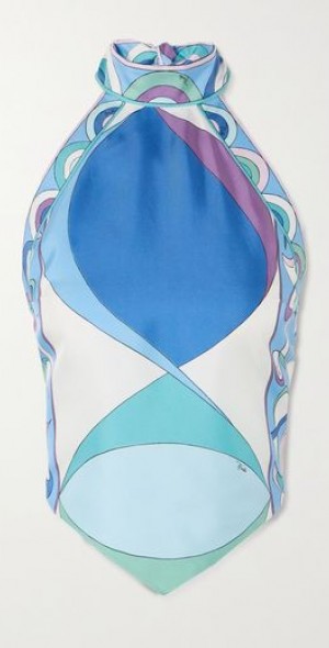 PUCCI - Pesci cropped open-back printed silk-twill halterneck top