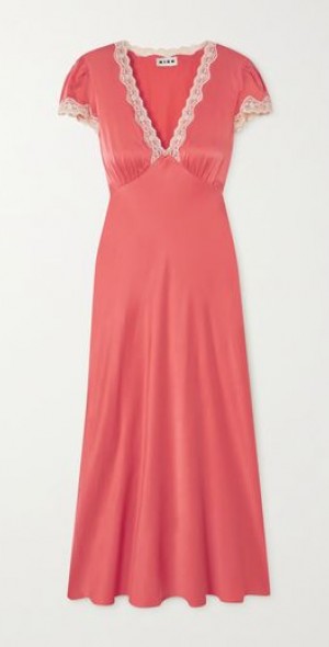 RIXO - Clarice lace-trimmed appliquéd silk-satin midi dress