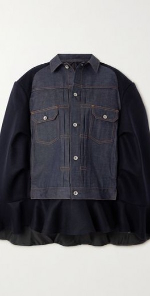 SACAI - Ruffled wool-felt and denim cape