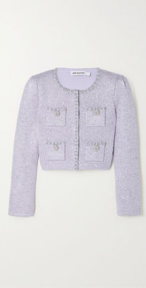 SELF-PORTRAIT - Cropped crystal-embellished metallic knitted cardigan