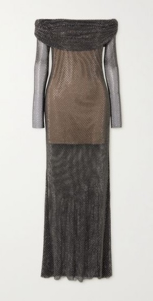 SELF-PORTRAIT - Draped off-the-shoulder crystal-embellished fishnet ...