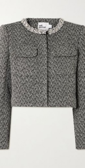 SELF-PORTRAIT - Embellished cropped herringbone tweed jacket