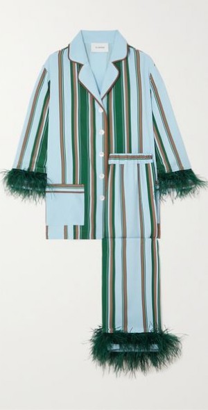 SLEEPER - Feather-trimmed striped crepe pajama set