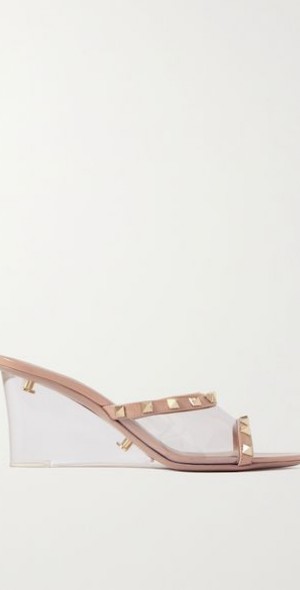 VALENTINO GARAVANI - Rockstud leather-trimmed PVC wedge mules