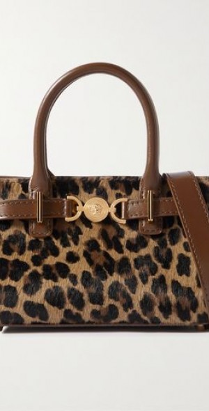 VERSACE - Embellished mini leather-trimmed leopard-print pony hair tote