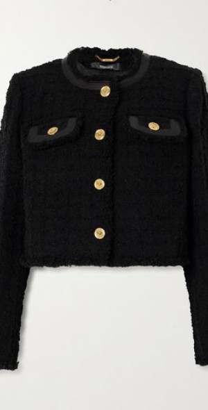 VERSACE - Leather-trimmed checked wool-blend tweed jacket