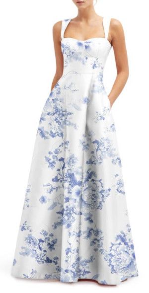 Alfred Sung - Floral Lace Up A-Line Gown in Cottage Rose-Larkspur Print ...