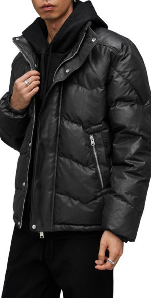 AllSaints - Altair Waxed Puffer Jacket with Stowaway Hood in Black
