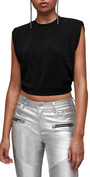AllSaints - Alya Nika Metalllic Crop Muscle Tee in Black at Nordstrom