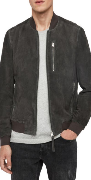 AllSaints - Kemble Suede Bomber Jacket in Soot Grey at Nordstrom, Size Small